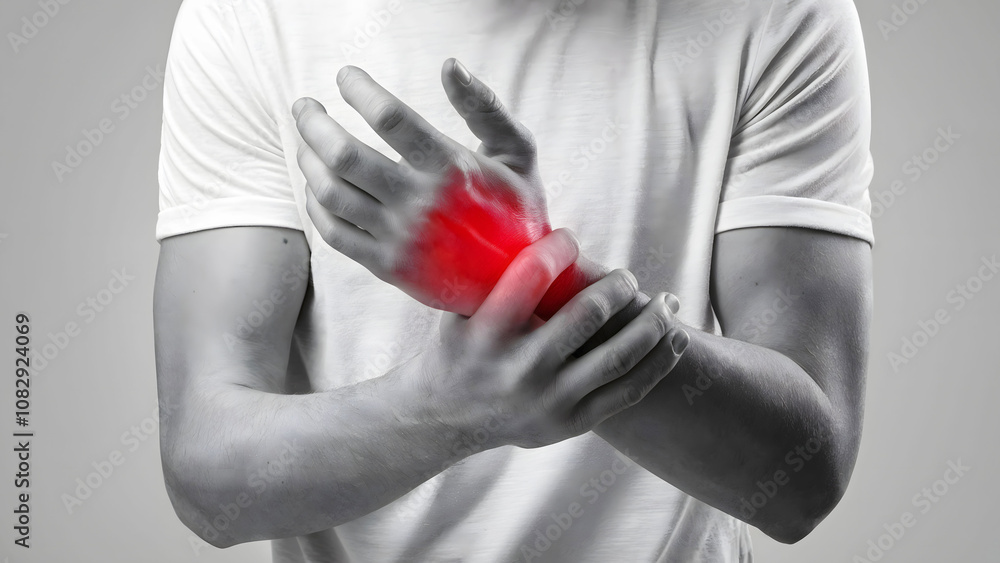 Grayscale Image of Person Gripping Their Wrist in Pain with Red Highlight Indicating Wrist ...