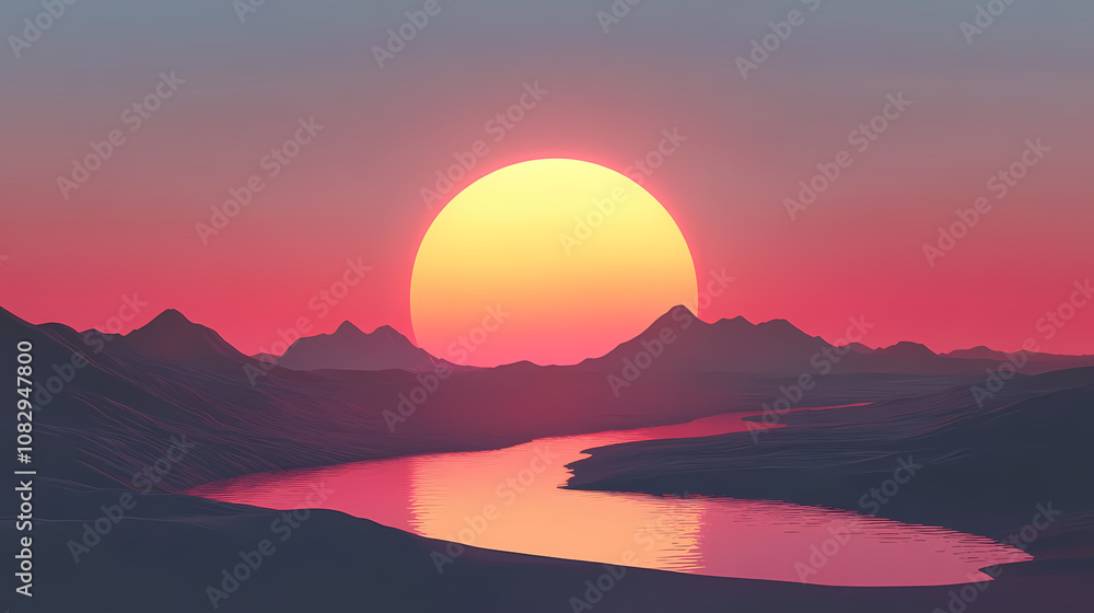 Illustration of a mirage effect at sunrise, magnifying and distorting ...