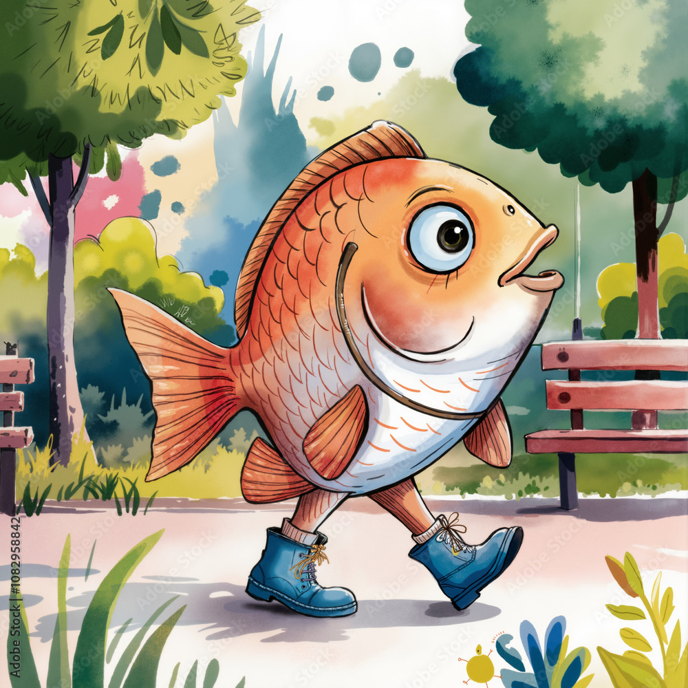Fish strolling through park with human legs - a nonsense character for ...