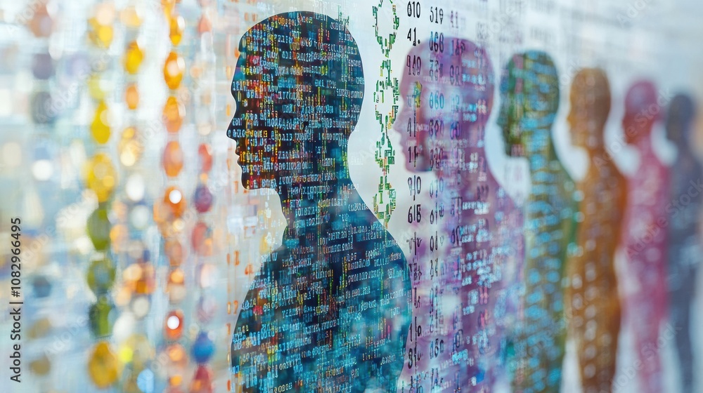 Ilustración de Stock A human figure overlays rows of DNA symbols ...