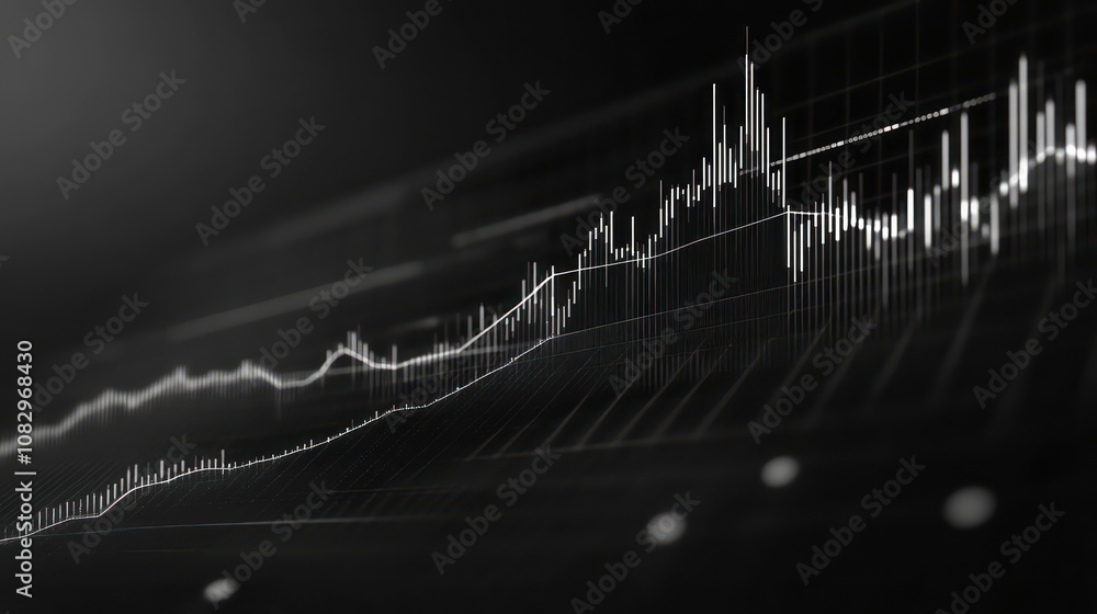 Widescreen abstract financial chart with uptrend line graph and candlestick on black and white ...