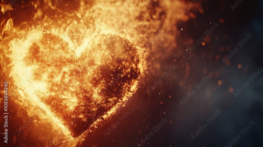 Burning heart symbol of passion and eternal love in fiery background ...