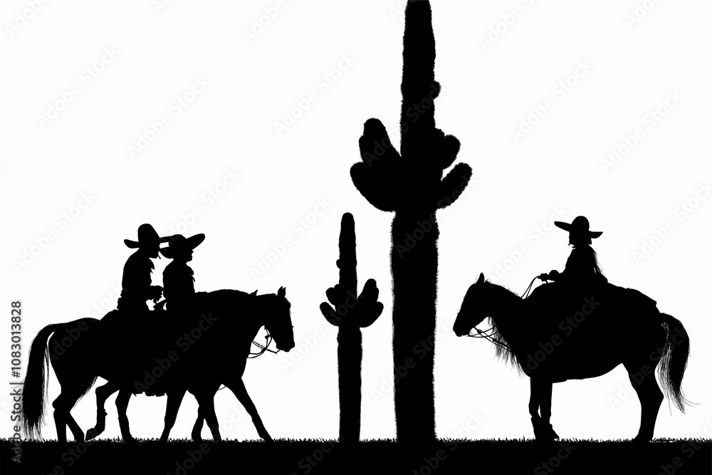 Stock-Illustration „vaqueros, caballo, toro, cuernos, arbol, pony ...