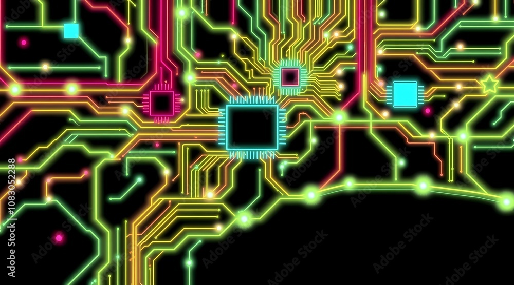 Neon-Lit Circuit Board with Central Black Square - High-Tech Neo-Pop ...