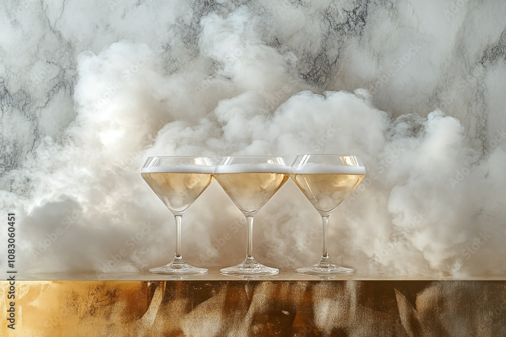 Vintage champagne coupe pyramid with smoke effect, subtle gold accents ...