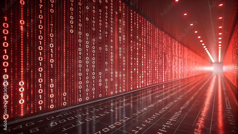Digital red matrix wall background with numbers and letters. Futuristic technology binary code ...