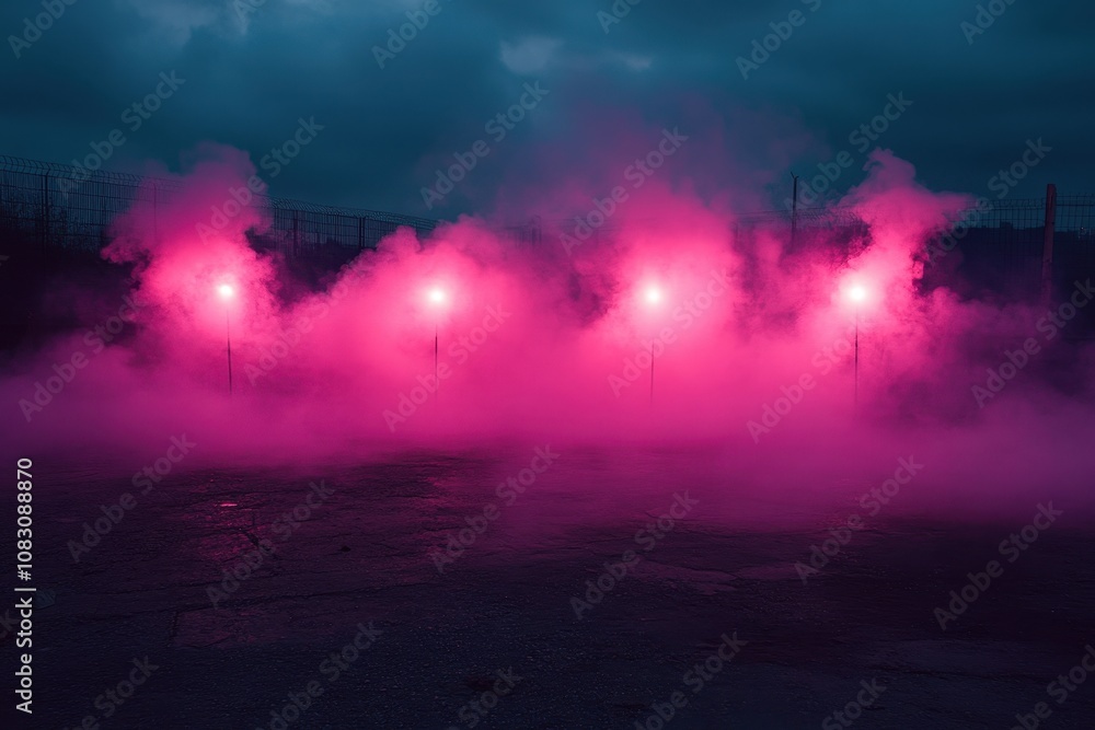 Pink smoke bombs create an abstract illuminated scene in a dark empty ...