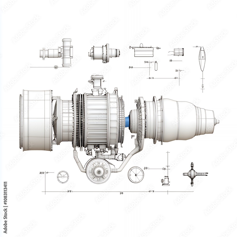 Technical drawing of a jet engine with exploded view and dimensions. Stock Illustration | Adobe ...