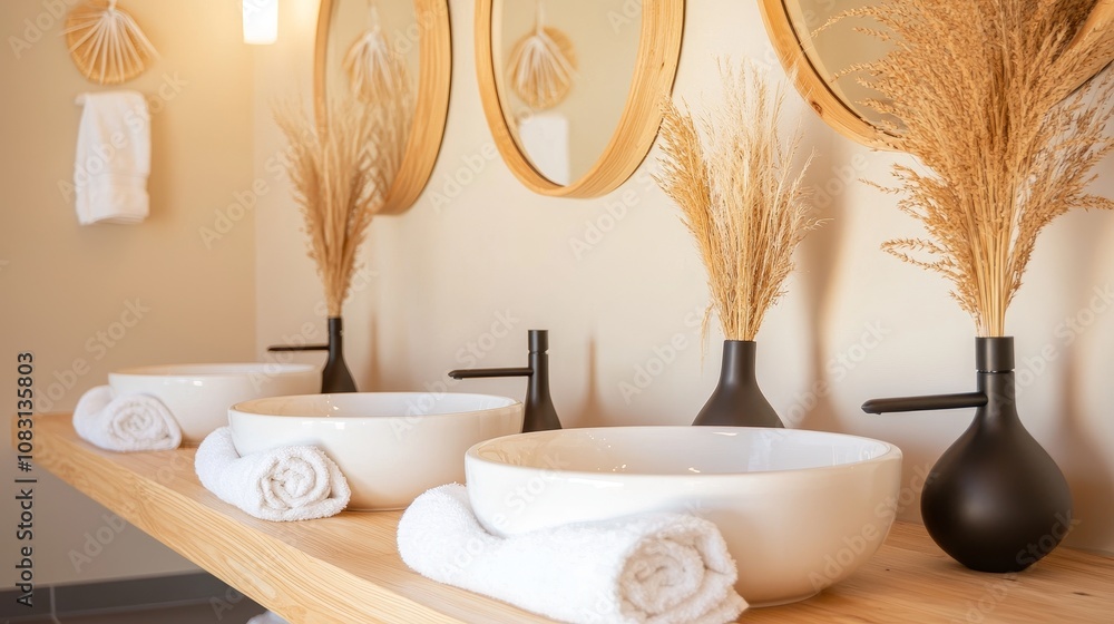 Chic communal washroom for a boutique hostel, featuring modern vessel ...