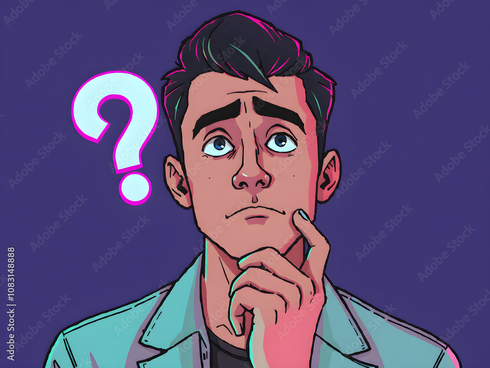 Confused man thinking in a thoughtful pose with question mark. Choice ...