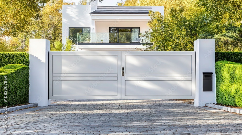 a modern white gate leading to a stylish two-storey house, featuring ...
