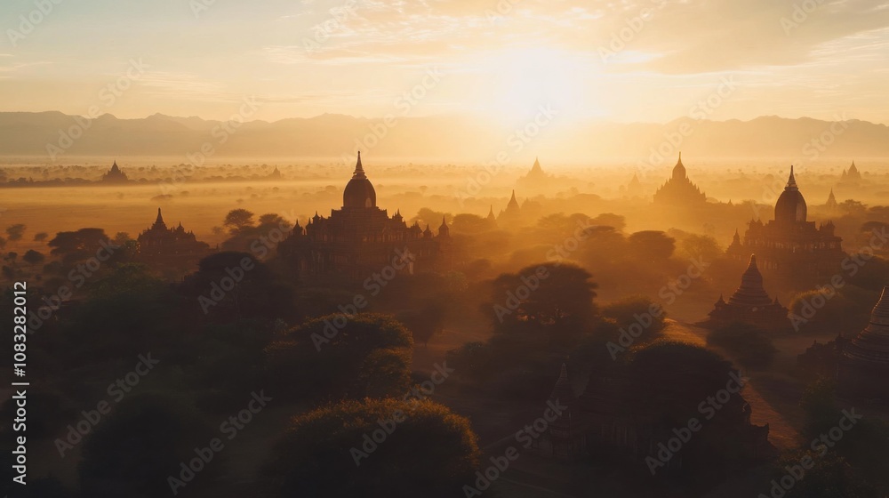 A serene aerial perspective of the Bagan temples in Myanmar, with ...
