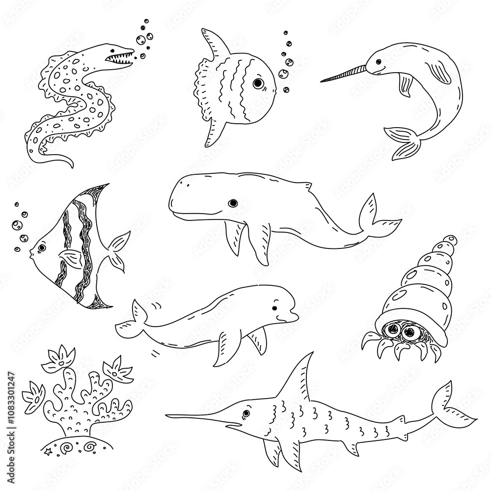 sea creatures drawn with black pen moray eel, sunfish, narwhal ...