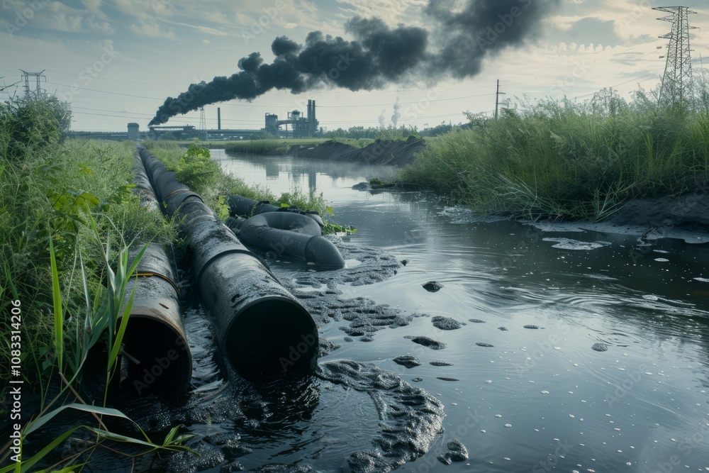Industrial Waste Discharge into Dark Waterway with Pipes and Smoky Sky ...