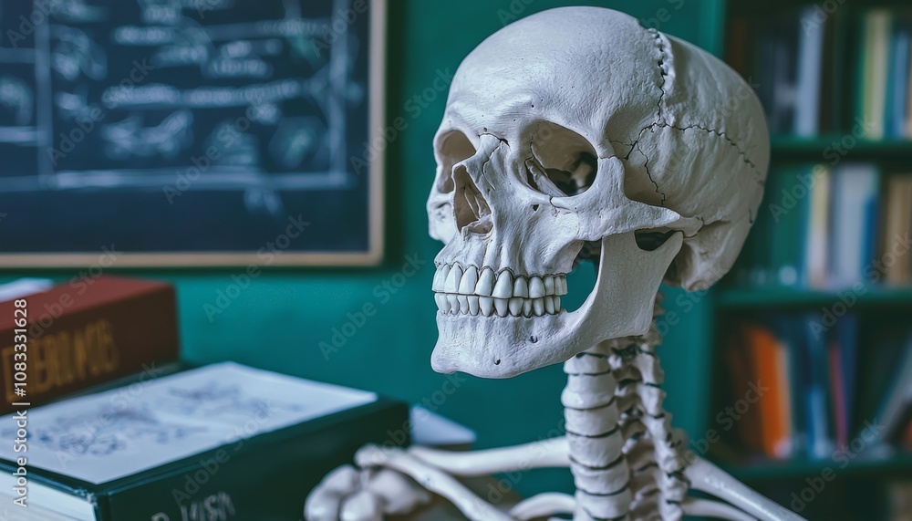 artificial skeleton posed in front of a whiteboard in a science ...