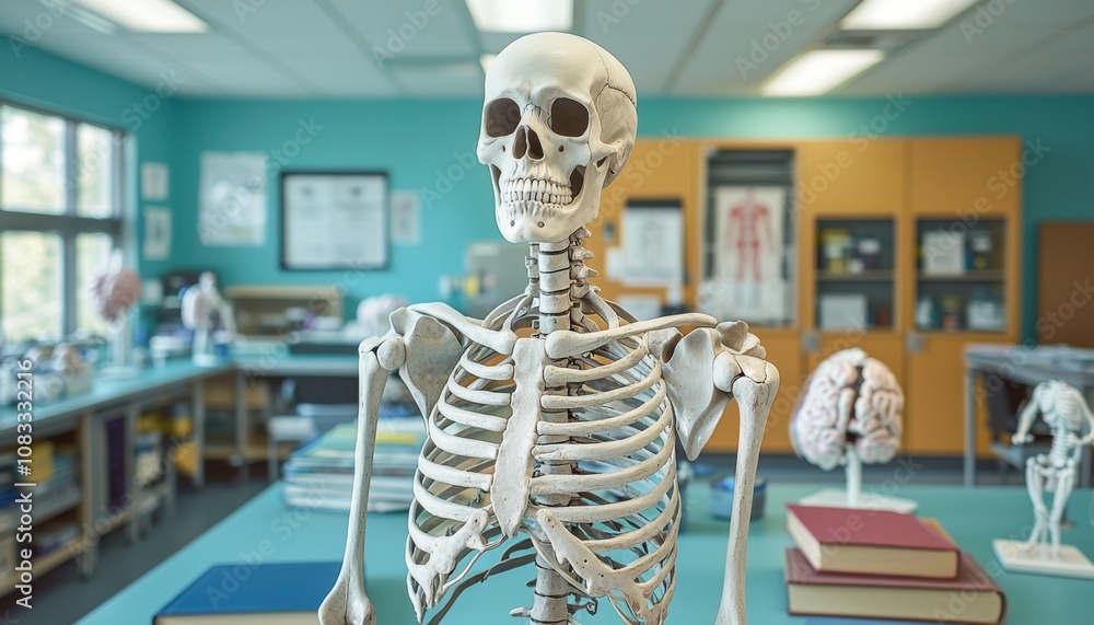 artificial skeleton posed in front of a whiteboard in a science ...