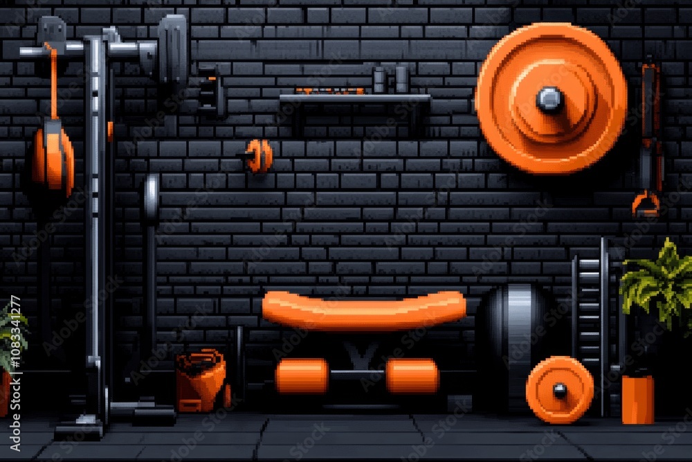 Pixel art of a retro gym with tiny pixel characters lifting weights and ...