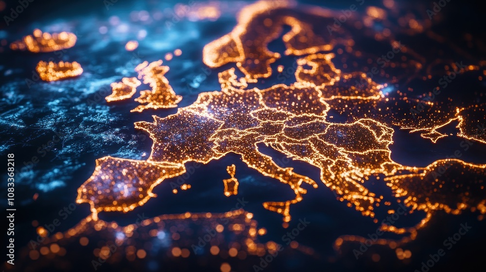 Illuminated map of Europe with glowing country borders and city lights ...