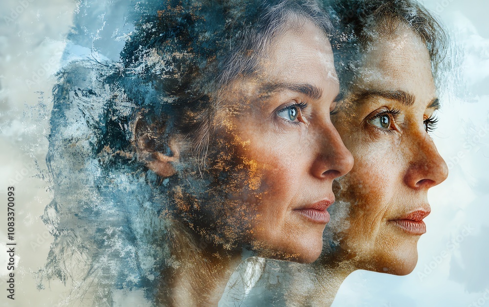Artistic collage showing a womans aging process through overlapping ...