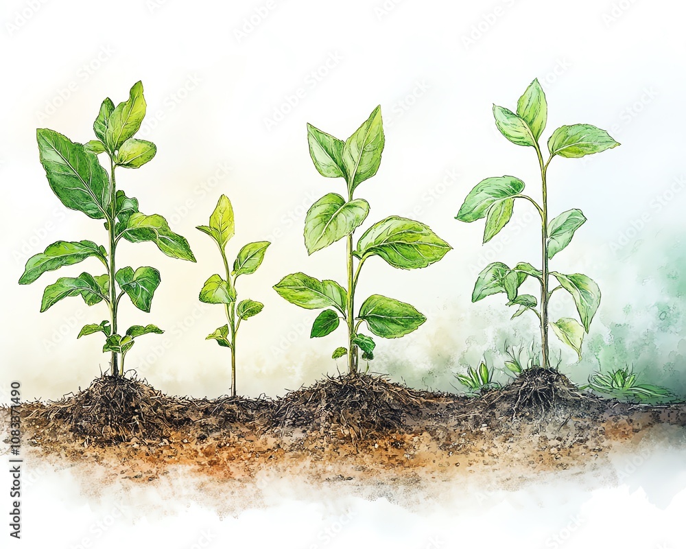 Illustration showing the stages of plant growth, from seed sprouting to ...