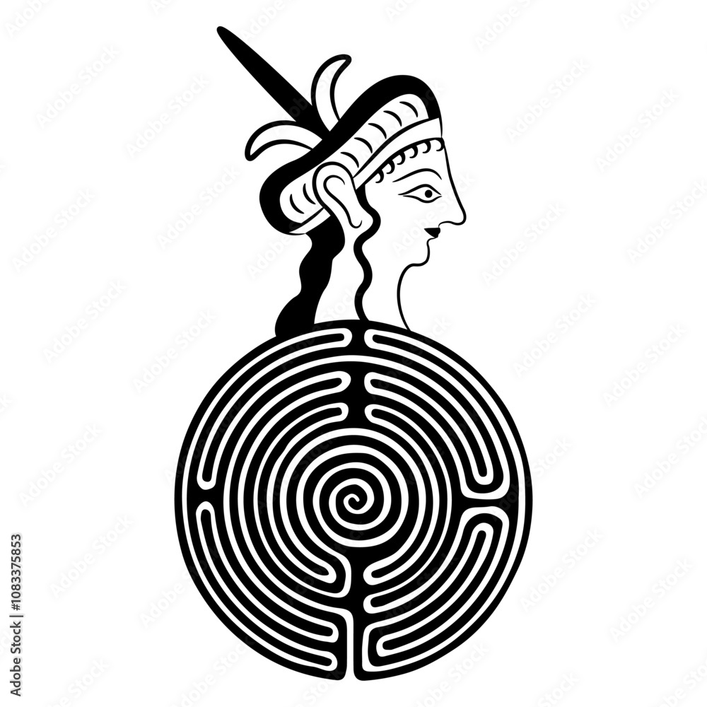 Ariadne. Head of a Mycenaean woman on a round spiral maze or labyrinth ...