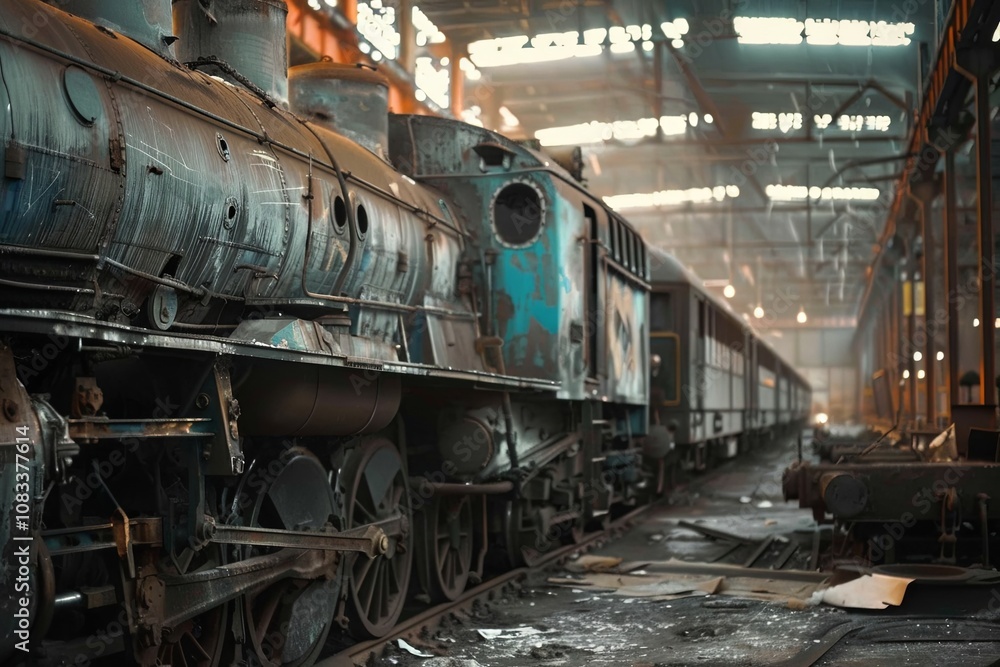 Abandoned steam train inside an industrial warehouse during daylight ...