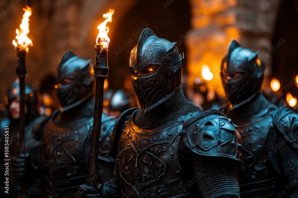 Gothic-style team of knights with dark armor and torches, standing ...
