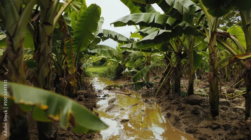 Banana Plantation Path: Lush green banana trees stand tall, framing a ...
