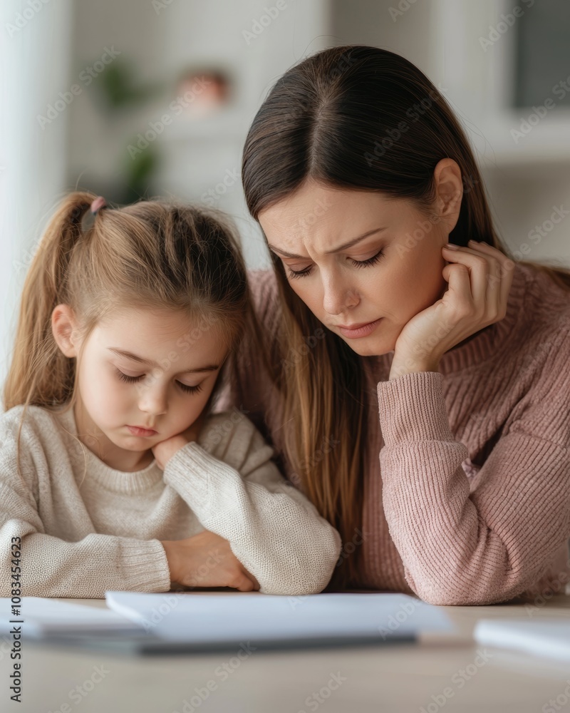 Concerned mother and daughter engaging in study together, showing ...