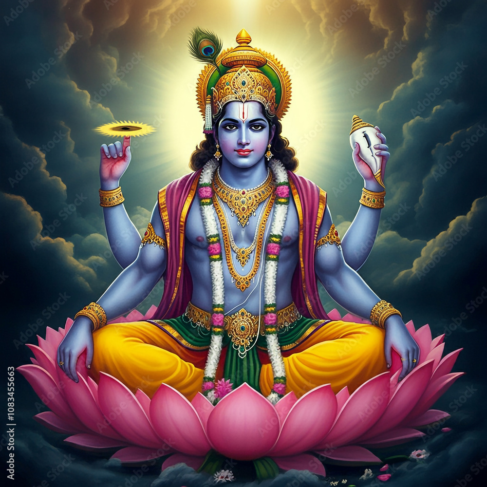 Radiant depiction of Lord Vishnu seated on a blooming pink lotus ...