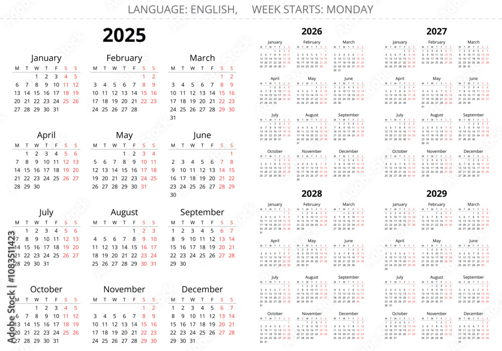 2025, 2026, 2027, 2028, 2029 years english vector calendars 12 months ...