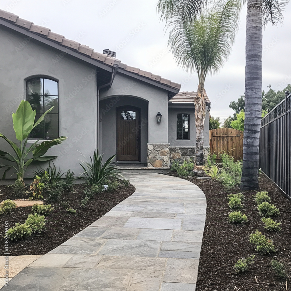 Gray stucco home, flagstone paver walkway, patio,front door entry ...