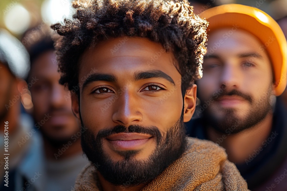 A diverse group of men standing together proudly, showing unity ...