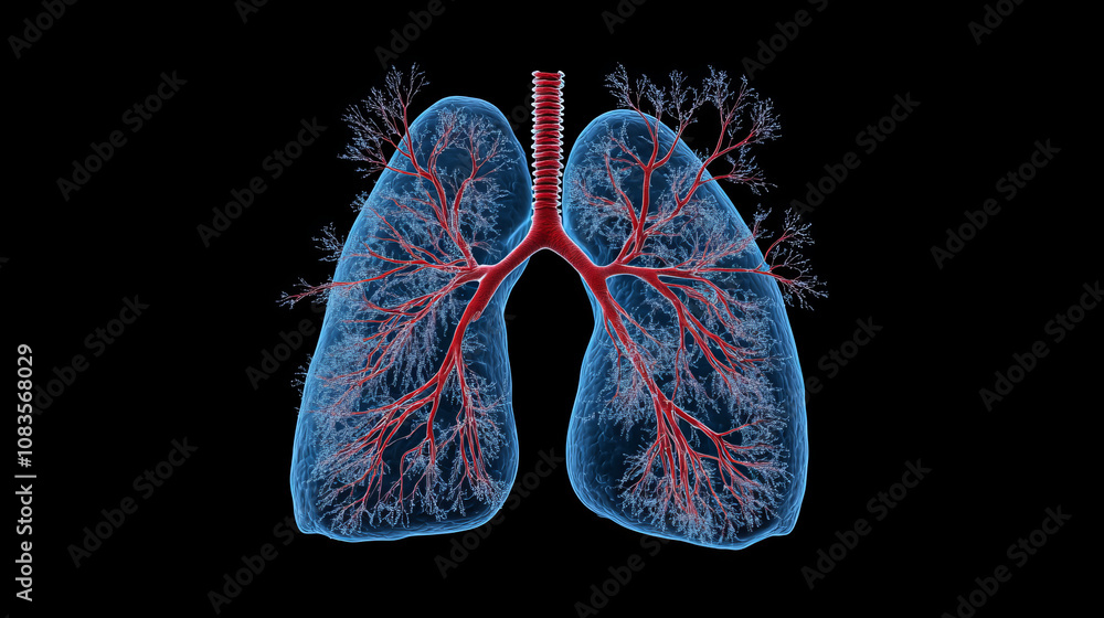 A simple, blue 3D image shows the human lung airways. The red lines ...