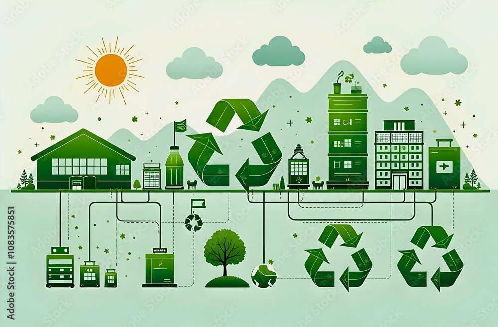 Green and white illustration of urban landscape with recycling symbols ...