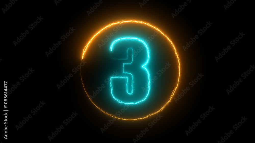 Neon bright sky blue number 3 and golden circle glowing. Stock ...