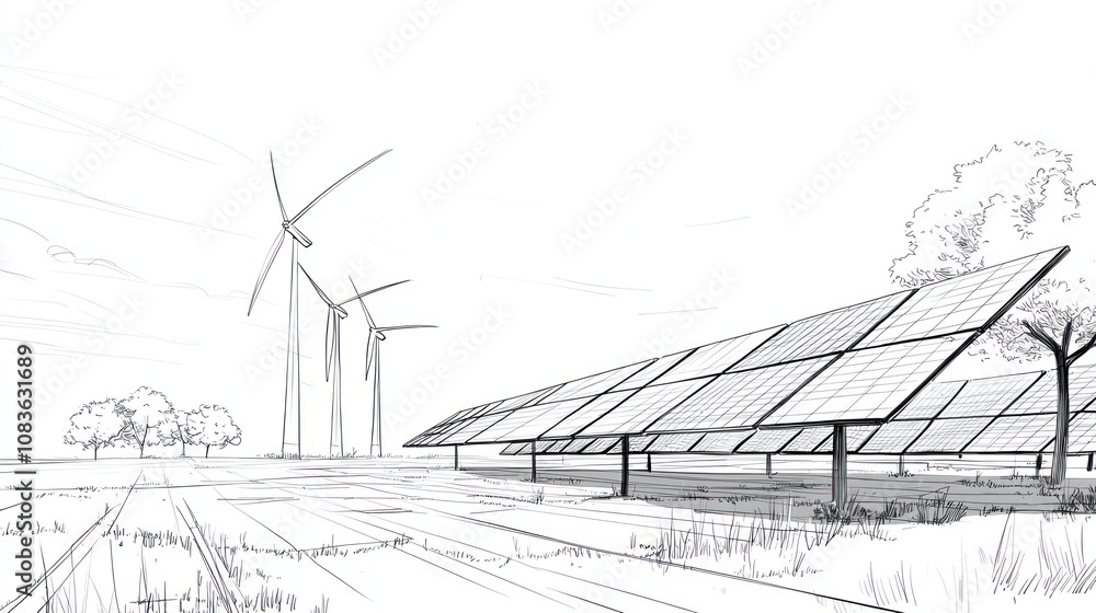 Sketch illustration of solar panels and wind turbines on a white ...