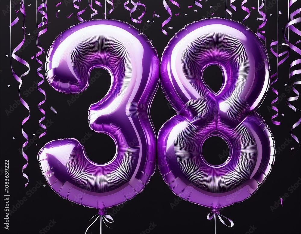 Purple birthday / anniversary balloon, number 38, black background with ...