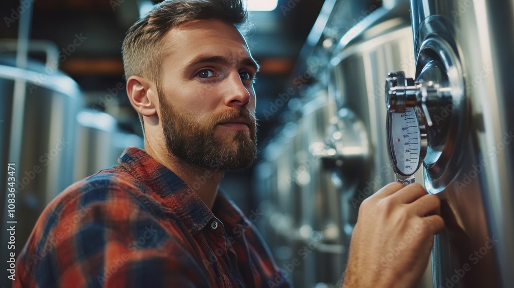 Brewmaster checking the fermentation tanks using a hydrometer brewing equipment visible in the ...