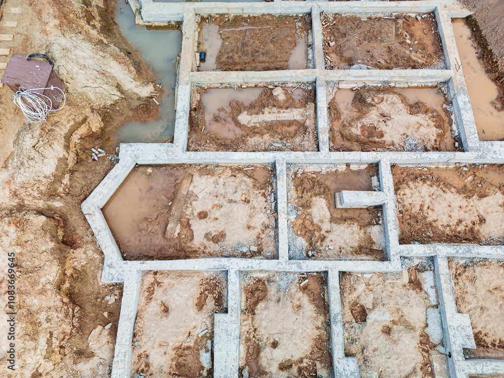 Construction site showing the foundation layout of a new building with ...