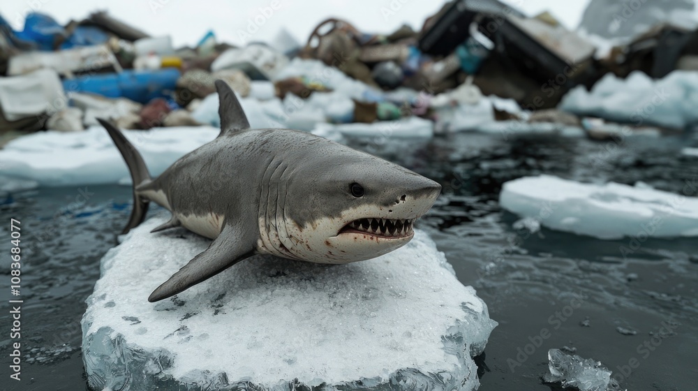 Global warming animals temperature concept. A shark swims among ...