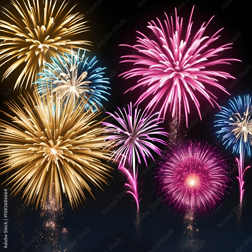 2025 New Year celebration firework background. set of fireworks in ...