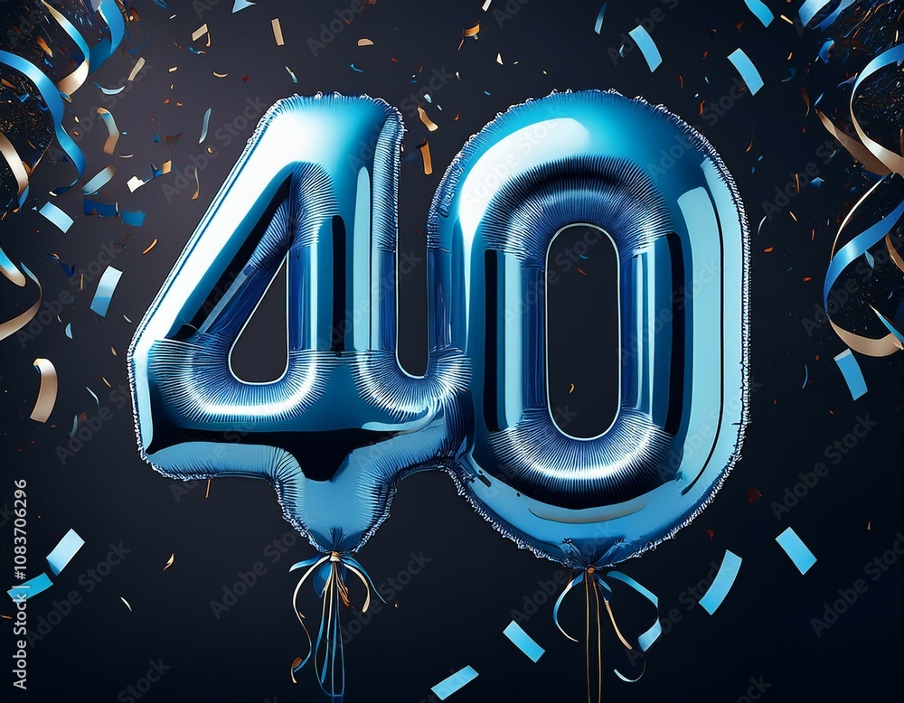 Blue birthday / anniversary balloon, number 40, black background with ...