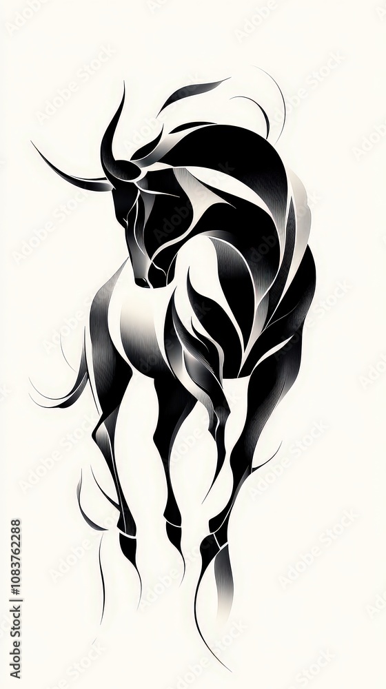 Abstract monochromatic bull depicted in bold, fluid lines, expressing ...