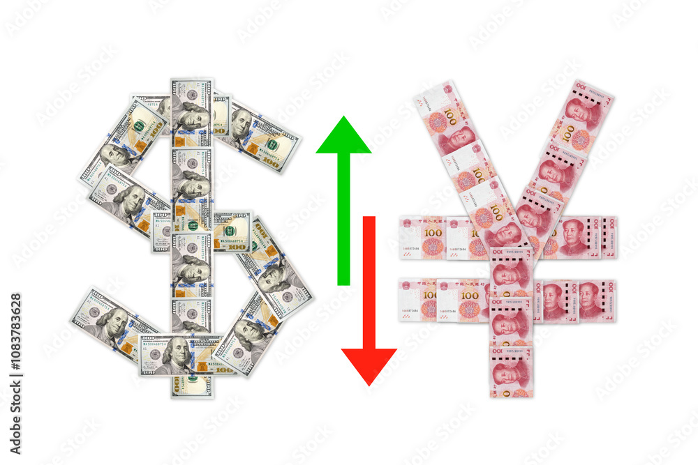 Yuan and dollars sign made from 100 US dollars and 100 yuan banknotes ...