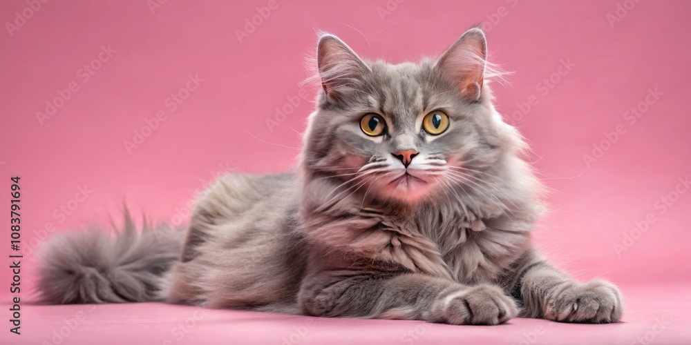 Fluffy Grey Cat on Pastel Pink Background - Cute Domestic Portrait of a ...
