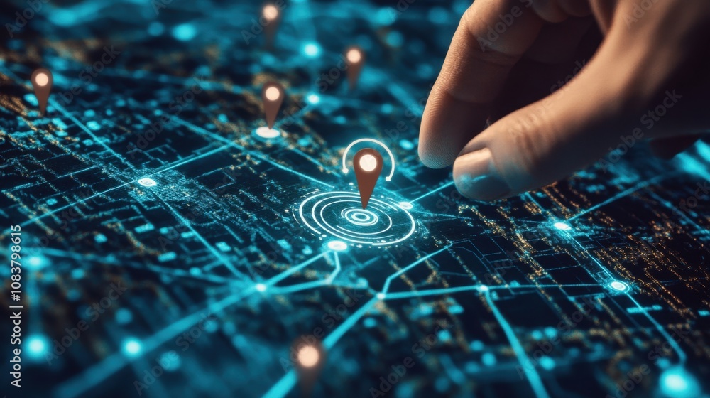 Detailed representation of a futuristic digital map featuring a hand ...