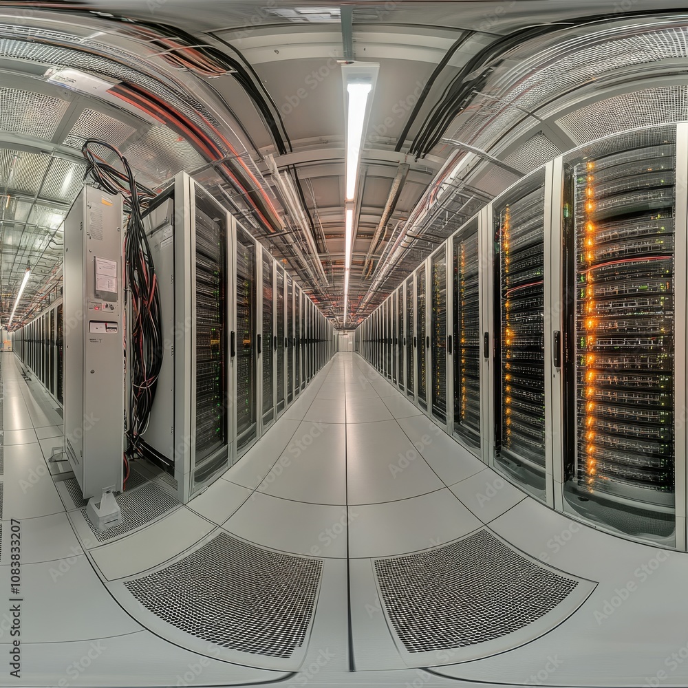 A detailed, 3D picture of a bright data center filled with servers ...
