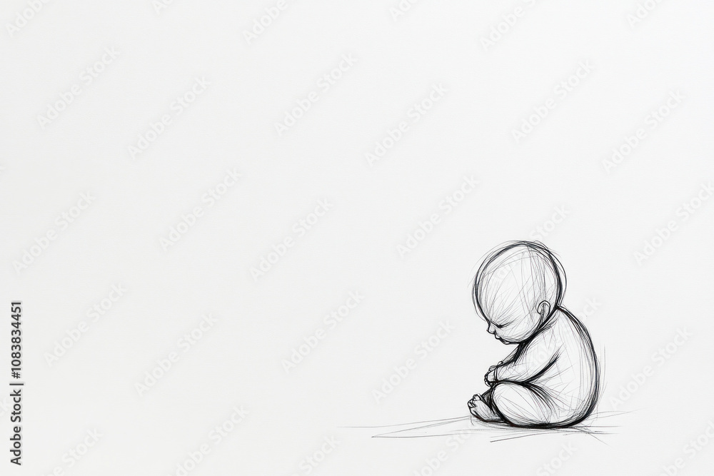 A simple yet evocative pencil drawing of an infant sitting quietly on a ...