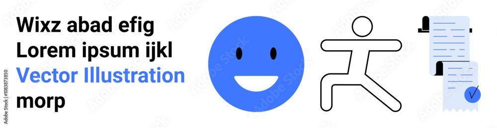 Blue happy face, text, running stick figure, and document with ...